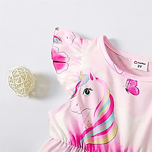 PATPAT Girls Dress Unicorn Printed Casual Dress for Kids Baby Girls Dresses Comfy Ruffle Sleeve Sundress