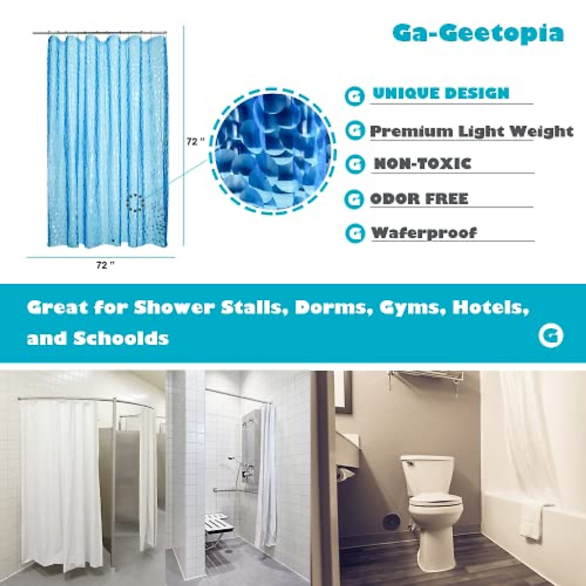 Ga-Geetopia EVA 3D Blue Pearl Water Cube Plastic Shower Curtain Liner - Premium Light Weight 72" x 72" Blue Bathroom Shower Showroom Curtain Liner with Rustproof Metal Gromments and Weighted Magnet
