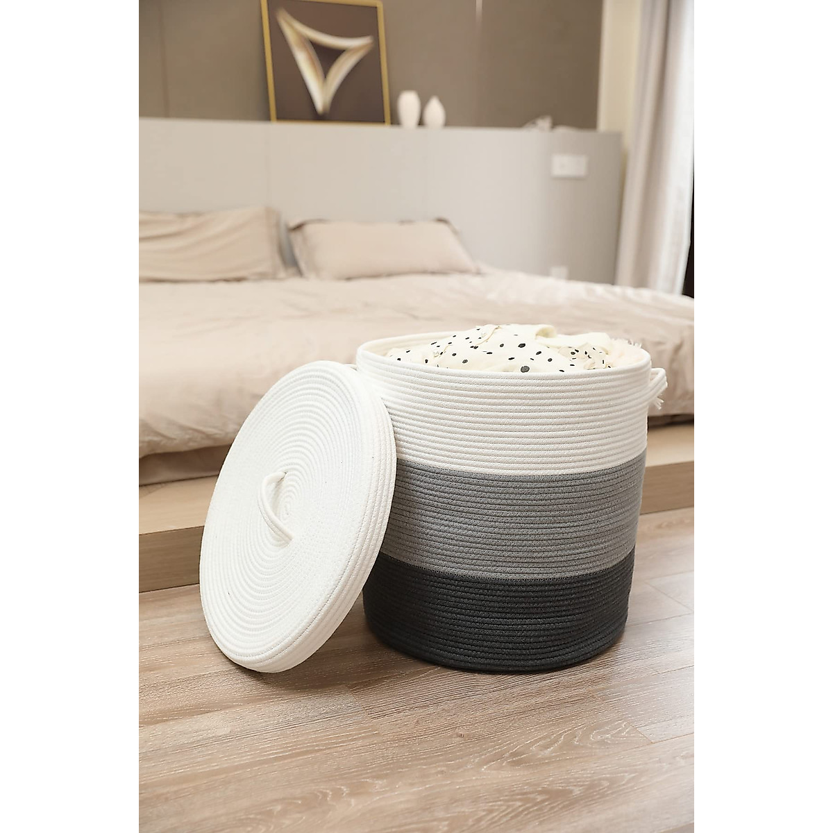 16" x 16" x 18" Extra Large Storage Basket with Lid, Cotton Rope Storage Baskets, Laundry Hamper, Cloth Bin, for Clothes Towels Blankets Pillows Storage in Living Room, Grey/Dark Grey with Cover