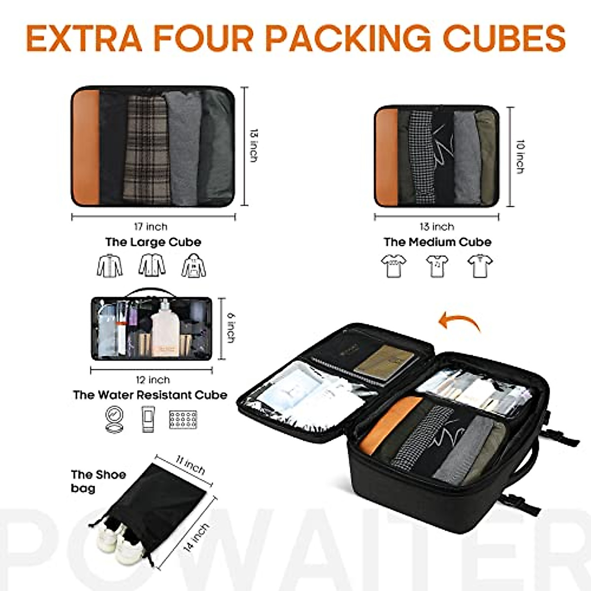 POWAITER Travel Backpack for Women Men, Large Expandable Carry on Backpack Flight Approved with 4 Packing Cubes & Luggage Tag-Black