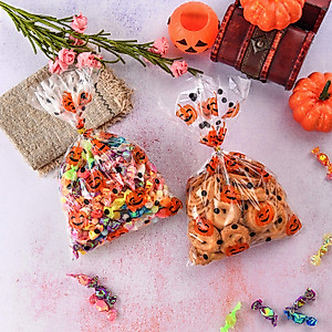 Halloween Pumpkin Print Cone Cellophane Bags Heat Sealable Halloween Treat Candy Bags Gift Bags and Golden Twist Ties for Halloween Treat Party Favor (100 Sets)