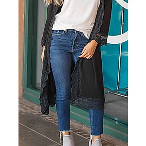 Tickled Teal Women's 3/4 Sleeve Lace Trim Casual Wrap Cardigan Coverup Outerwear Sweater (Black, Large)