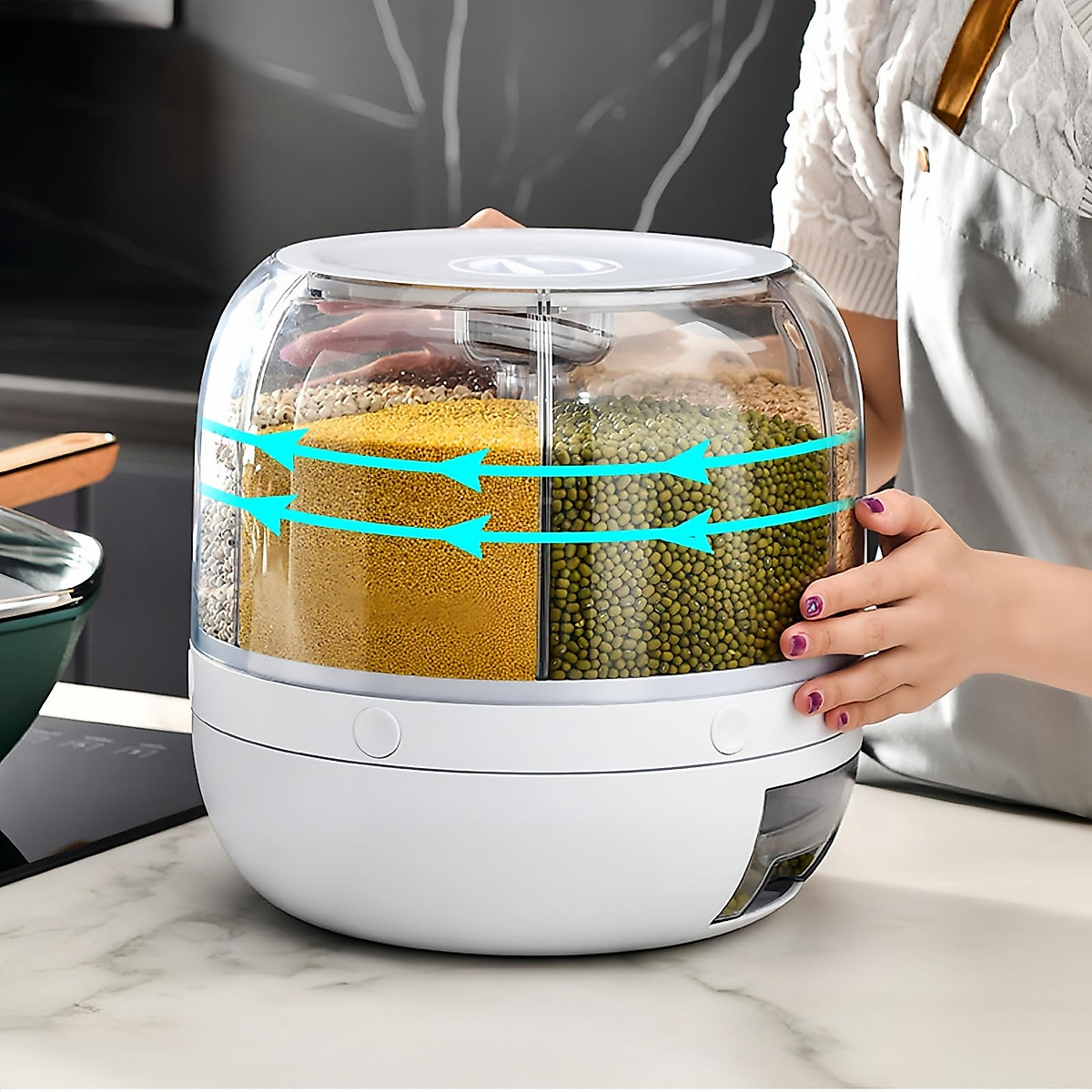 ECLIPSBACI Grain Storage Container Dispenser, rice dispenser rotating, 360° rotating food dispenser One-Click Output rice Storage Round Grain Dispenser Kitchen for Small Grains, Beans, Rice (B)