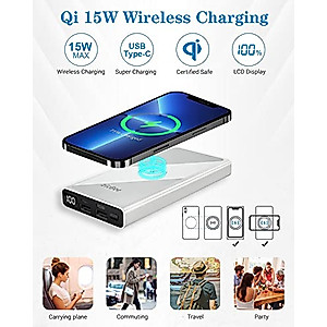 15W Wireless Portable Charger, 22.5W PD20W QC3.0 USB-C Fast Charging 10000mAh Power Bank LED Display, 2 Inputs and 4 Outputs, Slim & Light External Battery Pack for iPhone iPad Airpod Samsung LG Sony