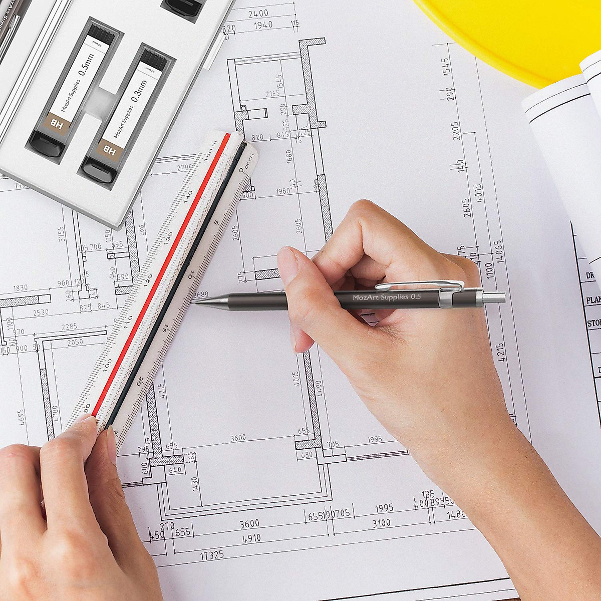 MozArt Mechanical Pencil Set with Case - 4 Sizes: 0.3, 0.5, 0.7 & 0.9mm with 30 HB Lead Refills Each & 4 Eraser Refills - Sketching, Architecture, Drawing Mechanical Pencils, Metal Mechanical Pencil