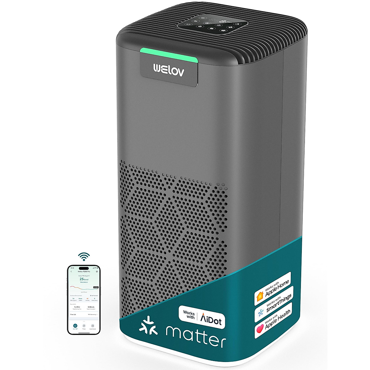 WELOV World's 1st Matter Smart Air Purifier, Air Purifiers for Home Covers 1570 Ft², 99.997% Filtration Efficiency of Particles 0.1-0.3 μm, H13 True HEPA PM2.5 Monitor, Sleep Mode, Dimmable Lighting