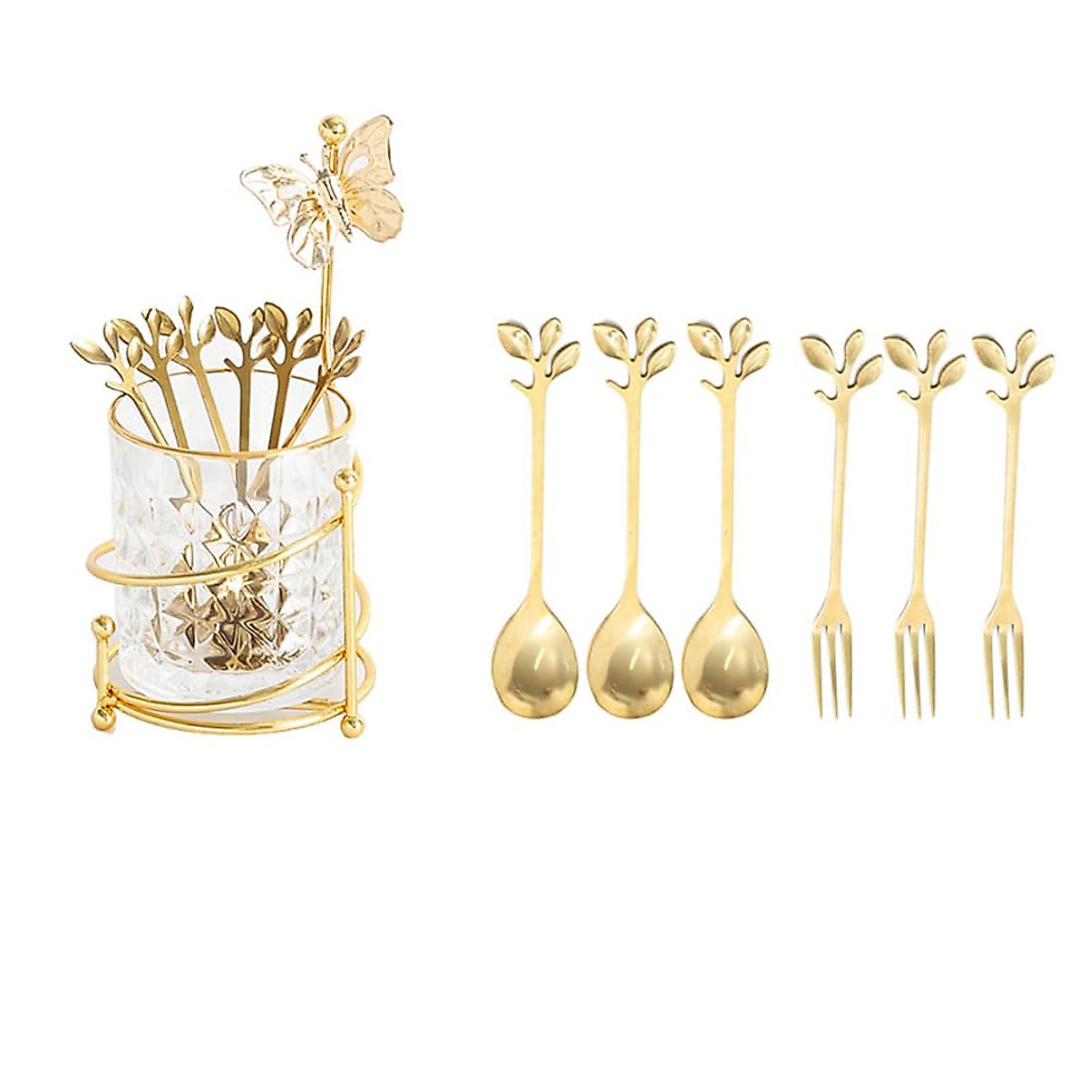 INPROPEXT 6PCS Coffee Spoons with Glass Holder,Small Stainless Steel Gold Tea Spoons,Mini Spoon Set for Fruit,Stirring, Mixing, Sugar, Ice Cream, Cake