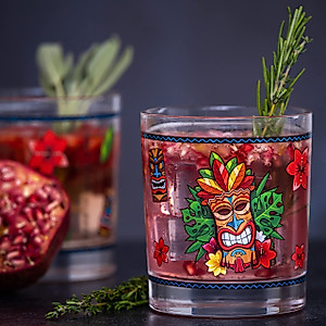 Tiki Cocktail Glasses Set of 4-10.5 Ounce Rocks Drinking Cups | Exotic Hawaiian Luau Party Barware