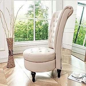 Container Furniture Direct Royal High-Back Velvet Accent Chair for Vanity with Storage and Luxurious Upholstery, Retro Design and Versatile Usage for Living Room, Bedroom, Lounge and Office, Ivory