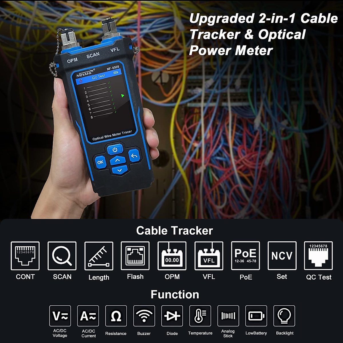 NOYAFA Network Cable Tester with Optical Power Meter VFL, CAT5 CAT6 Cable Toner Ethernet Cable Tester, RJ11 RJ45 Network Tester for Telephone, Ethernet, Video, PoE Tester Wire Tracer Fiber Tester