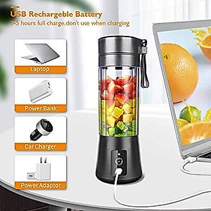 Portable Blender, YKSINX Smoothie Blender, Personal Mini Blender for Shakes and Smoothies, Six Blades in 3D, 13oz 2000mAh Powerful USB Rechargeable Home Travel Fruit Juicer Cup (Black)