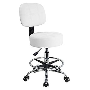KKTONER Swivel Round Rolling Stool PU Leather with Adjustable Foot Rest Height Adjustable Task Work Drafting Chair with Back(White)