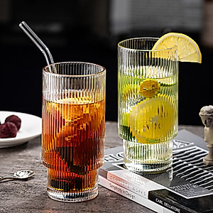 wookgreat Drinking Glasses, 16oz Origami Style Glass Cups with straw, 4 pcs Highball Glasses, Elegant Ripple Vintage Glassware, Ribbed Glasses, Iced Coffee Glasses Ideal for Cocktail Whiskey, Juice