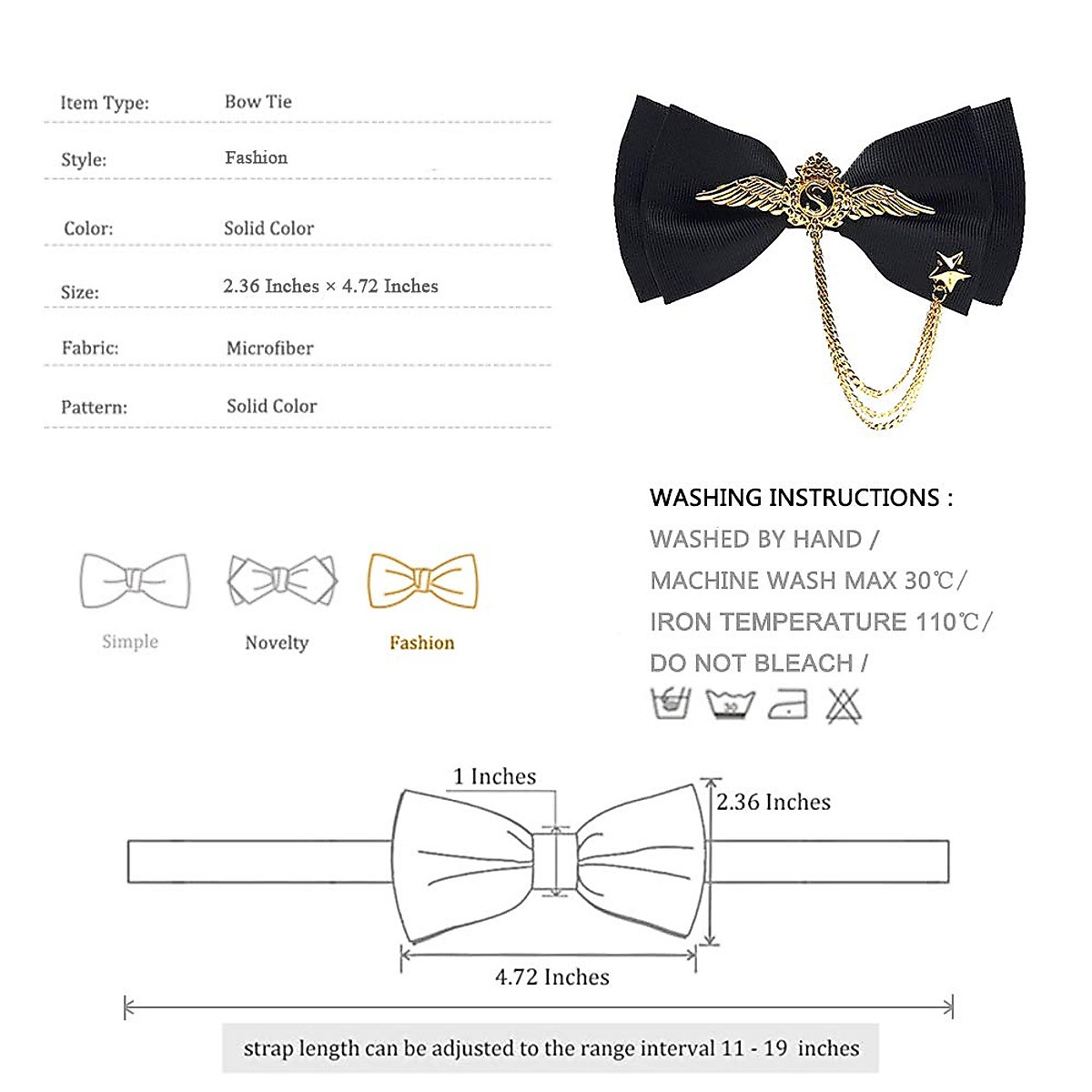 Manoble Men's Adjustable Bow tie Gold Metal Wings Chain Two Layer Neck Bowtie