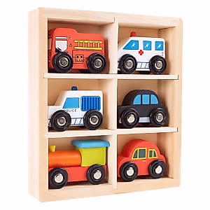 Hey! Play! Wooden Car PlaySet-6-Piece Mini Toy Vehicle Set with Cars, Police and Fire Trucks, Train-Pretend Play Fun for Preschool Boys and Girls