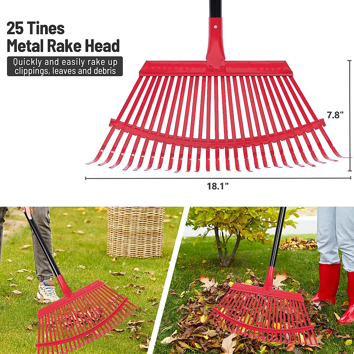 Garden Leaf Rake with 60 Inch Adjustable Long Steel Handle, 11 Metal Tines 8.8" Wide Garden Rake for Lawns Shrub Debris and Flower Beds