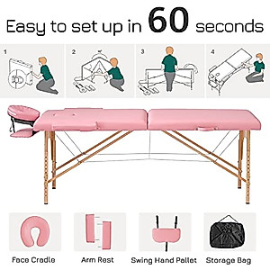 PrimeZone Pink Massage Table Portable - 2 Folding Lash Bed with Carrying Case & Face Cradle for Eyelash Extensions, Spa, Facial, Hight Adjustable Tatto Table, 84" x 32"