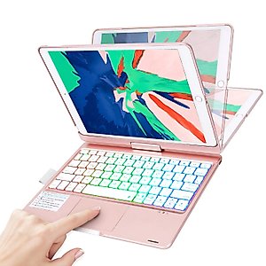 ONHI 360 Rotatable 7 Colors Back-lit Wireless Keyboard Case for New 10.2" iPad 9 th Gen,iPad 8th &7th Gen, Air 3, Pro 10.5(Rose Gold)