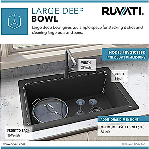 Ruvati 33 x 22 inch Drop-in Topmount Granite Composite Single Bowl Kitchen Sink Slope Bottom - Midnight Black - RVG1033BK