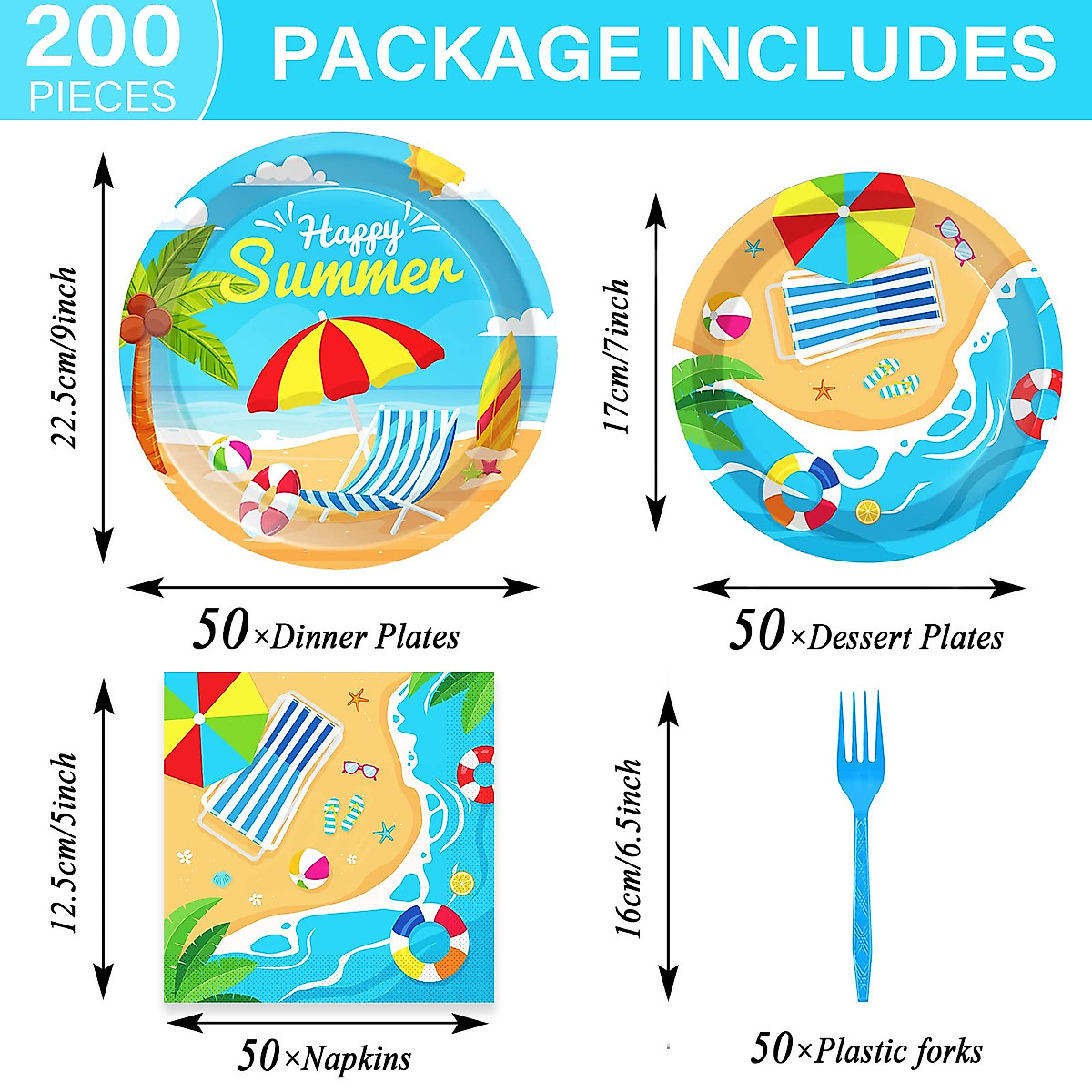 200 Pieces Beach Party Supplies Summer Birthday Party Decorations Disposable Paper Plates Napkins Forks Dinnerware Tableware Set Beach Party Decoration Favors For Kids Serves 50