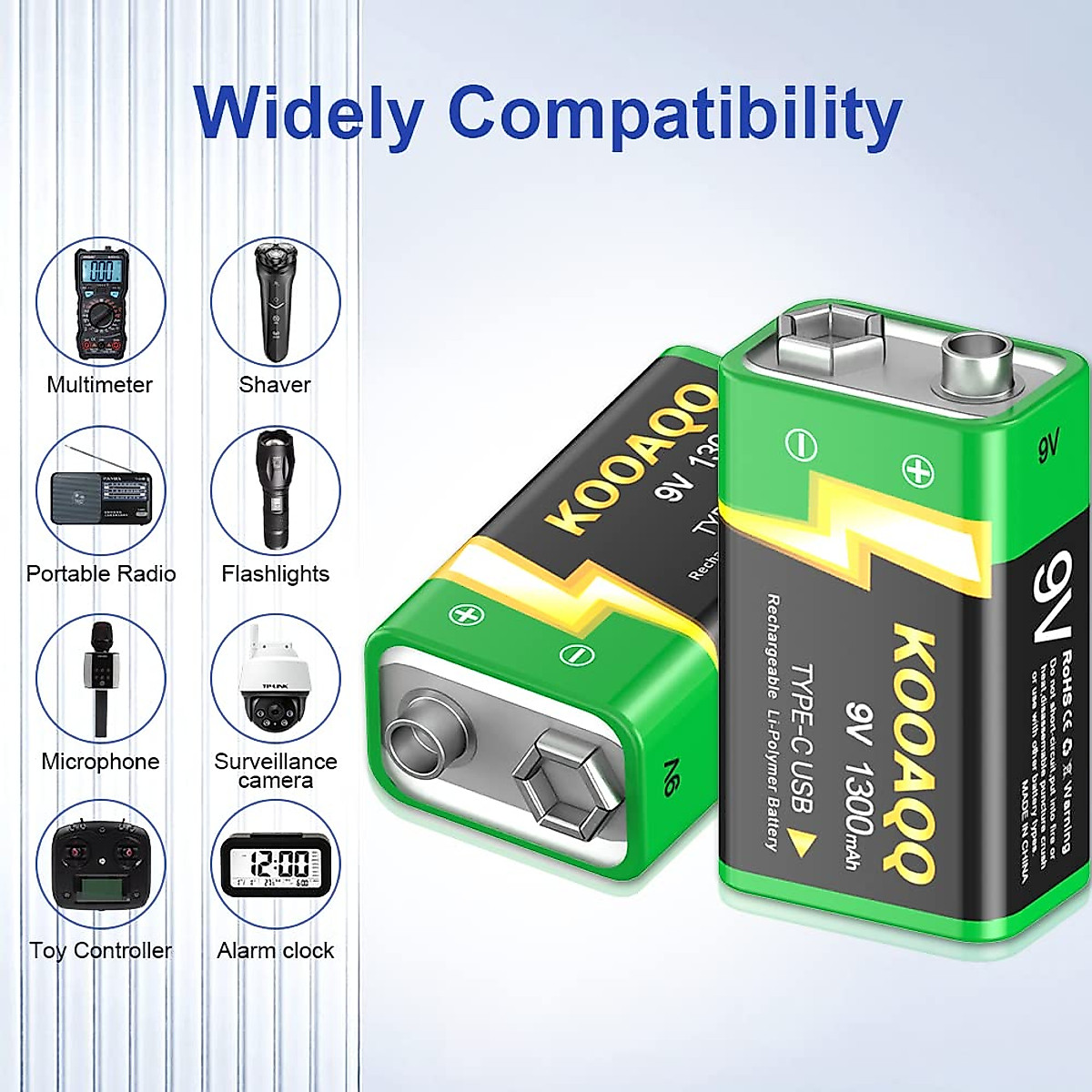 4-Pack Rechargeable 9V Batteries, High Capacity 1300mAh 9 Volt Lithium-ion Long Lasting Power, USB-C Recharge with 2 in 1 Charging Cable for Smoke Alarms,Multimeters,Toys,Microphones,Walkie-Talkie