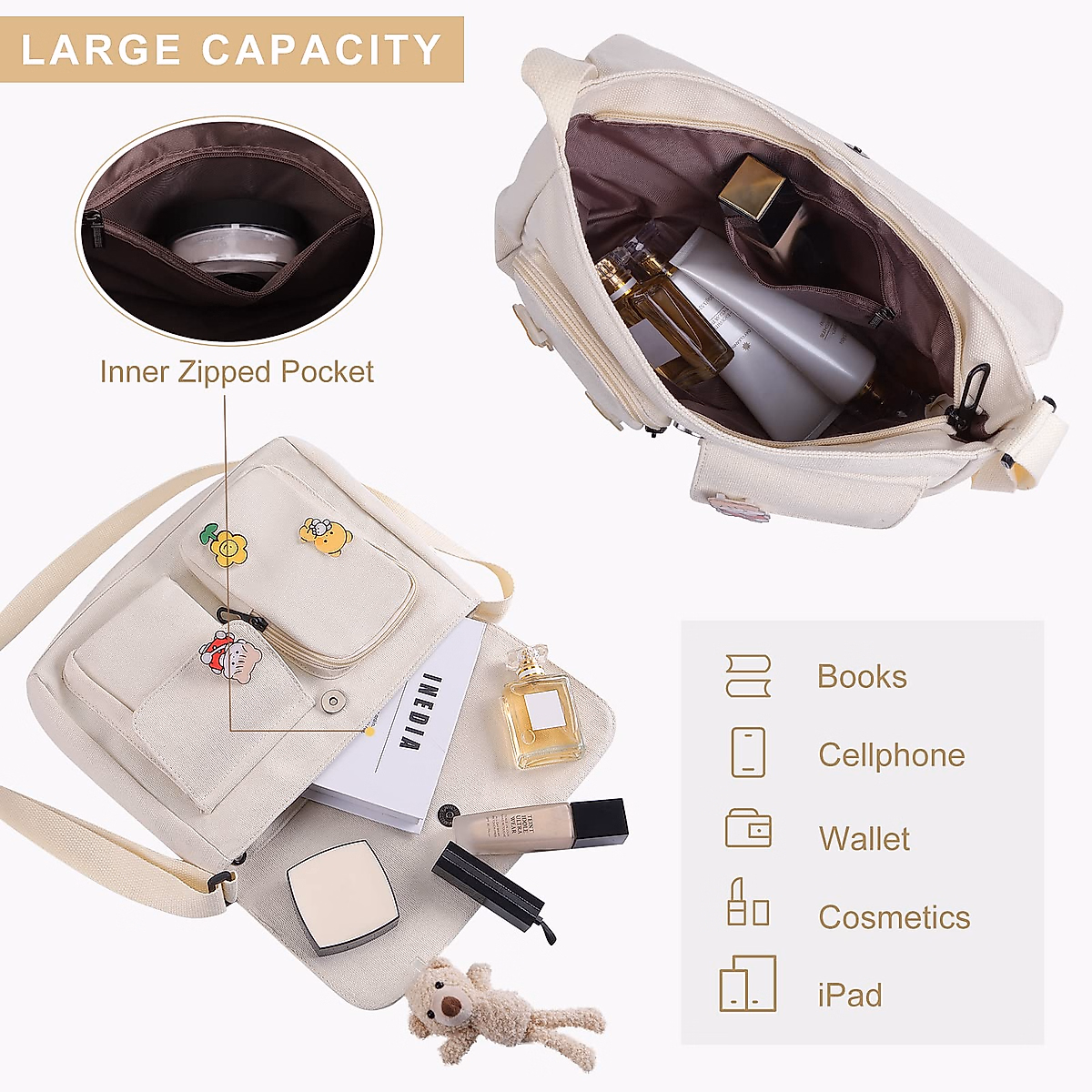 Canvas Crossbody Bag with Kawaii Pins and Pendent for Women Casual Shoulder Messenger Bag Ladies Canvas Shoulder Bag