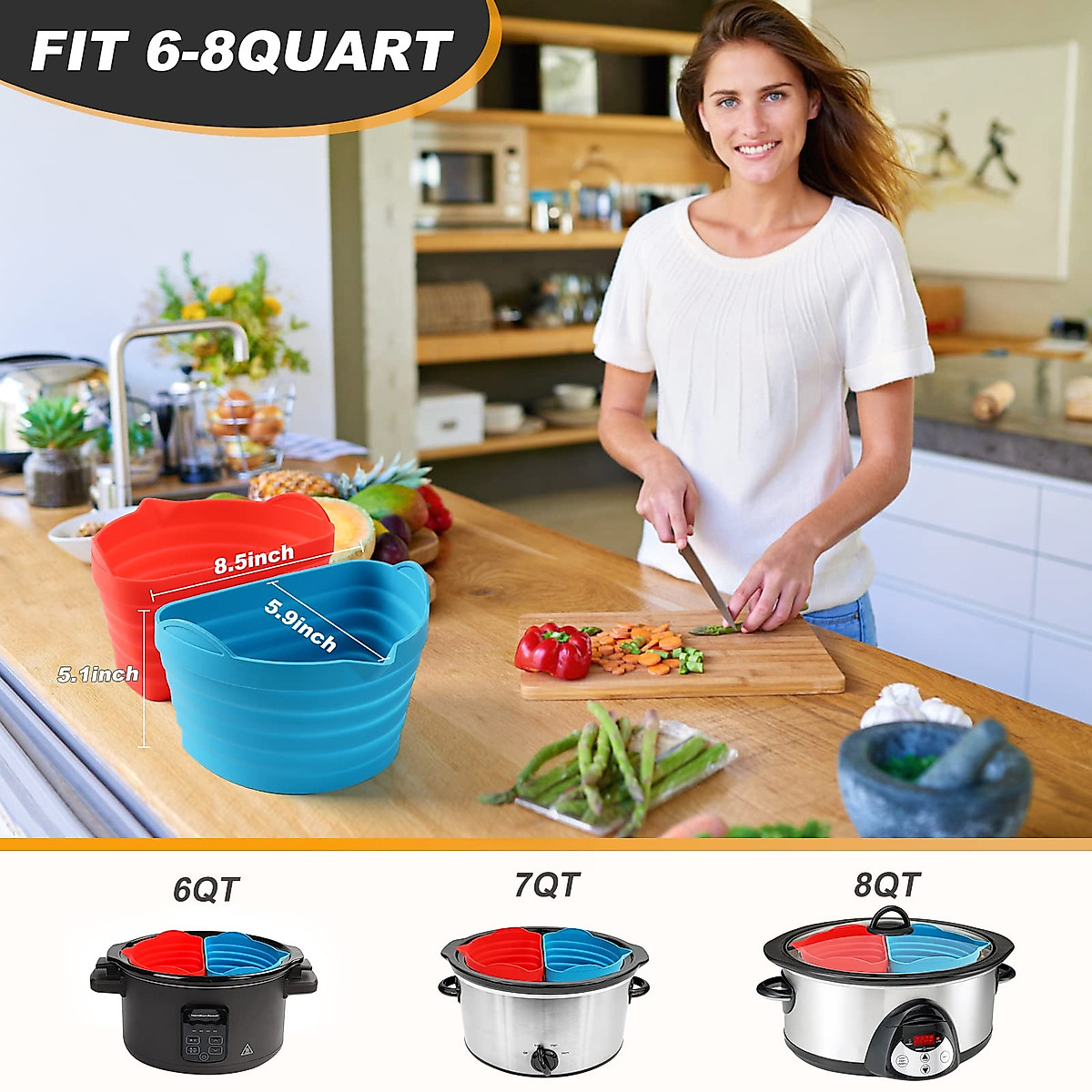 VYAJI Silicone Slow Cooker Divider Insert - Perfect compatible with Crockpot, Hamilton Beach, Elite Gourmet, Bella and any other 6,7,8QT slow cooker - Food-Grade Material, Easy Cleanup, Reusable, Eco-Friendly