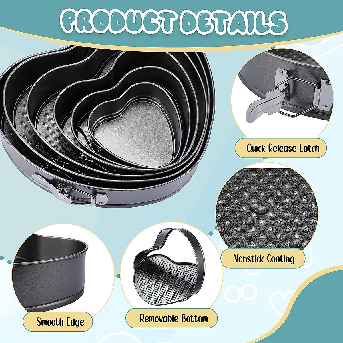 Zhehao 6 Pcs Heart Shape Cake Pans Heart Cake Mold 6 Cheesecake Molds Diverse Sizes Nonstick Springform Pan Set Leakproof Deep Pans for Birthday Family Couples Spouses