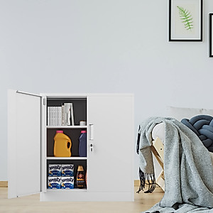 iJINGUR Metal Storage Cabinet with Locking Doors and 2 Adjustable Shelves, Small Lockable Steel Storage Cabinets for Garage Home Office Basement Pantry Classroom and Workshop (White)