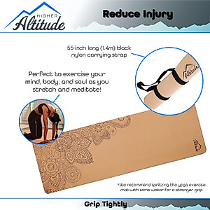 Higher Altitude Body Yoga Cork Mat - 72 x 24in Cork Exercise Mat with Rubber Padding and Carrying Loop - Flower Design