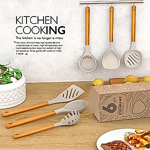 Large Silicone Cooking Utensils Set - Heat Resistant Silicone Utensils for Cooking w Long Wooden Handles, Kitchen Utensil Spatula Set, Kitchen Gadgets for Non-Stick Cookware, BPA Free(Khaki)