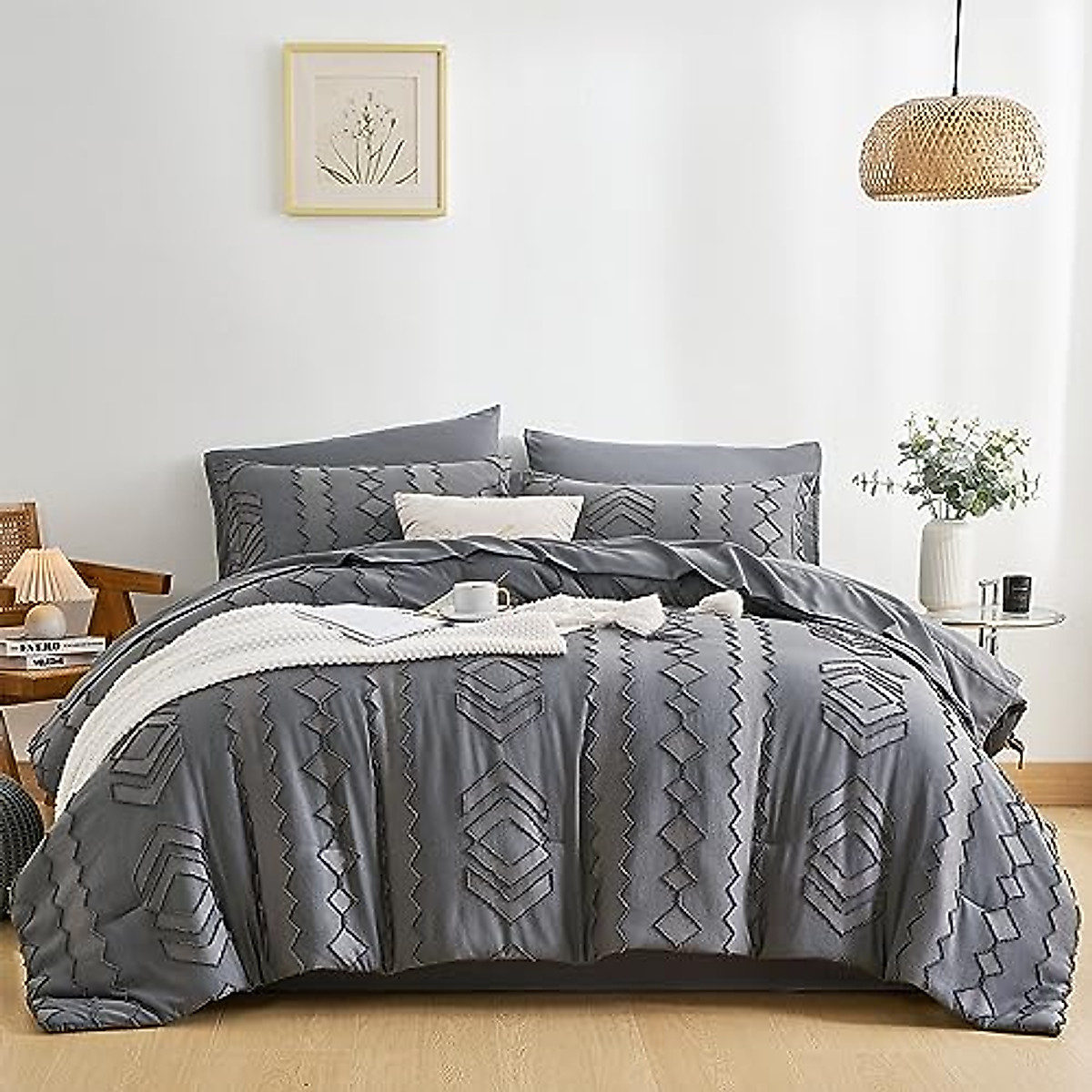 OARAGE Dark Grey Twin Comforter Set 7 Pieces, Tufted Bed in a Bag Twin, Boho Bed Sets, Geometric Embroidery Twin Size Bedding Set, All Season Microfiber Bedding Comforter Set with Sheets