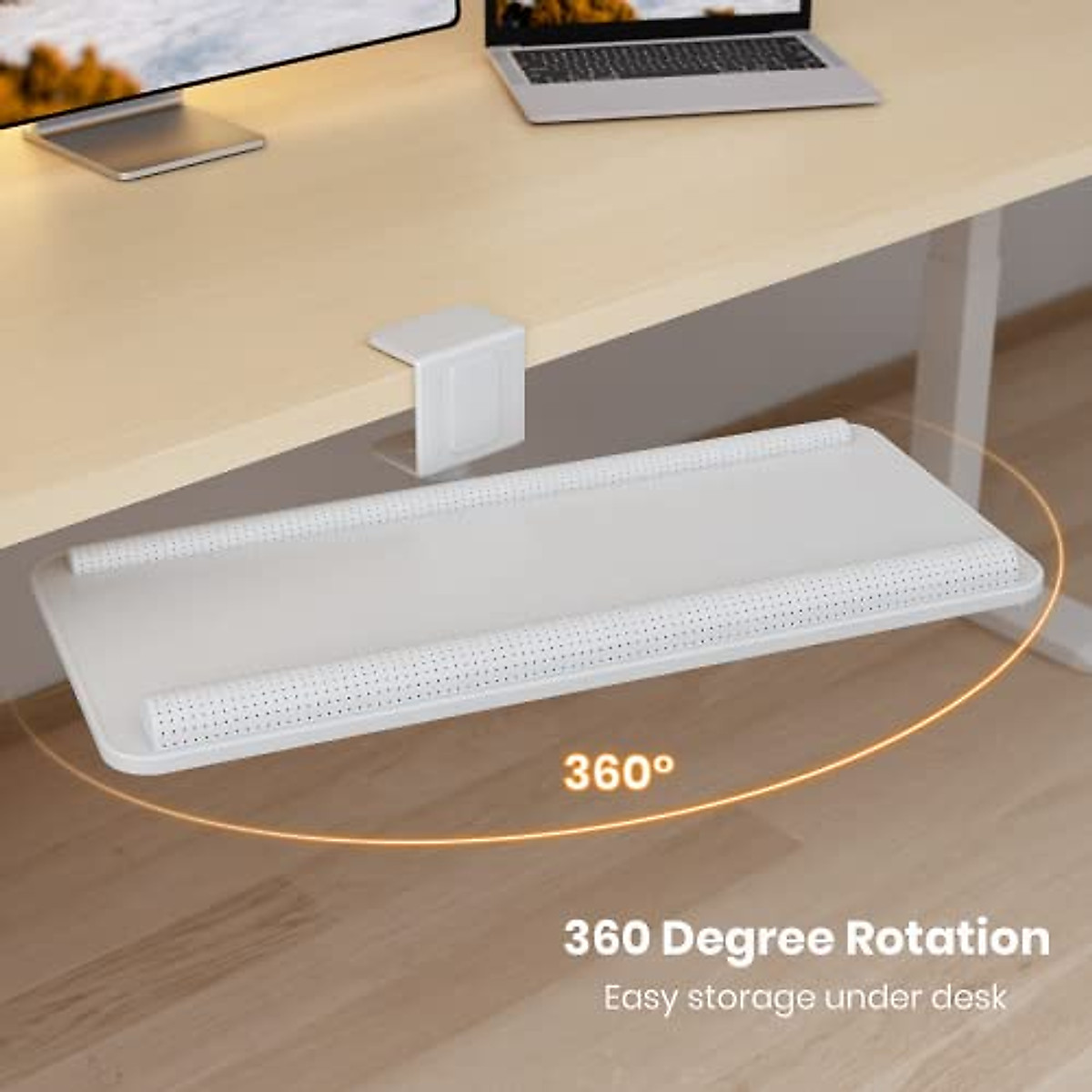 Tilt&Height Adjustable Keyboard Tray Under Desk&Above Desk - Klearlook 2 in 1 PU Leather Sit Stand Keyboard Riser w/360° Rotation, 25x11"Clamp-on Keyboard Stand Desk Extender w/Wrist Rest&Drawer-White