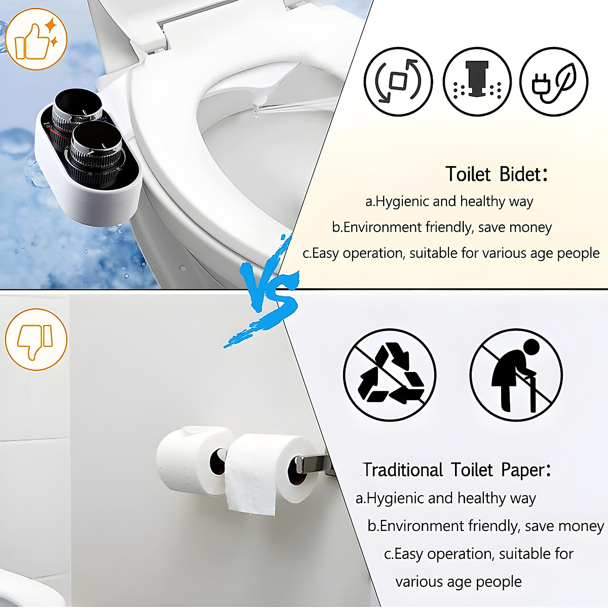 YBYOAD Slimline bidet, non-electrical double nozzle (Rear and Feminine Wash) for clean water, bidet attachment for toilet seat, warm water hot/cold, adjustable water pressure