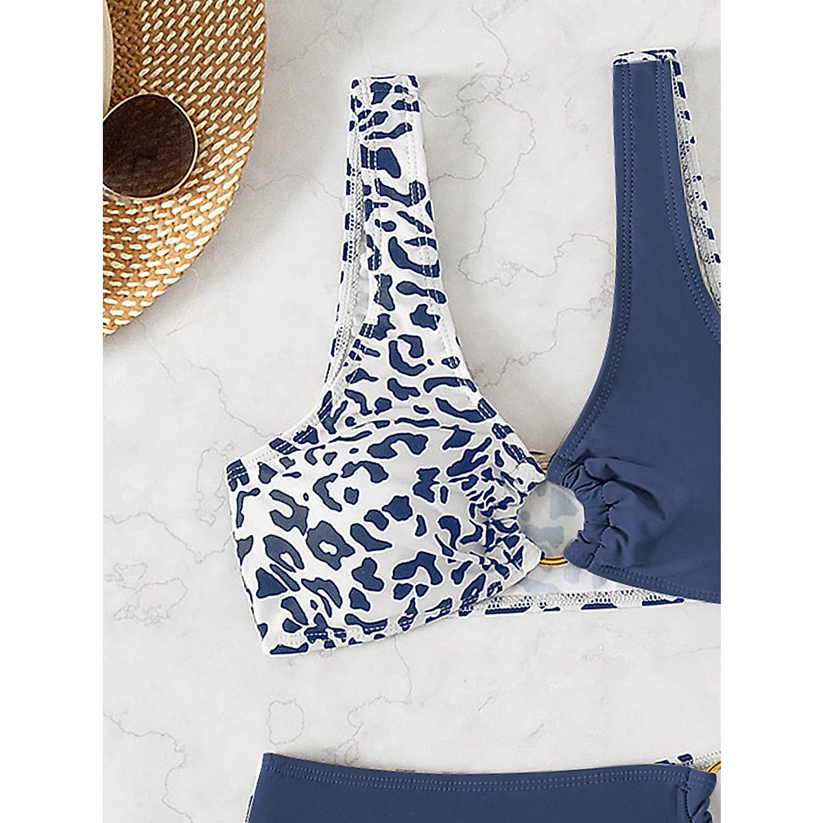 SOLY HUX Women's 2 Piece Swimsuit Color Block Leopard Print Ring Linked Bikini Set Bathing Suits Blue and White Leopard S