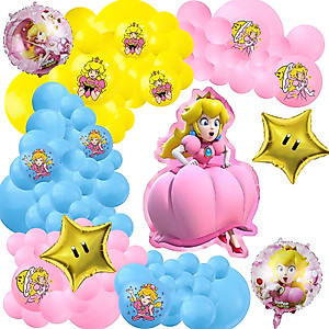 128 PCS Princess Peach Balloons Arch Garland Kit, Princess Peach Theme Party Latex Balloons with Foil Balloons for Girls Birthday Party Decorations
