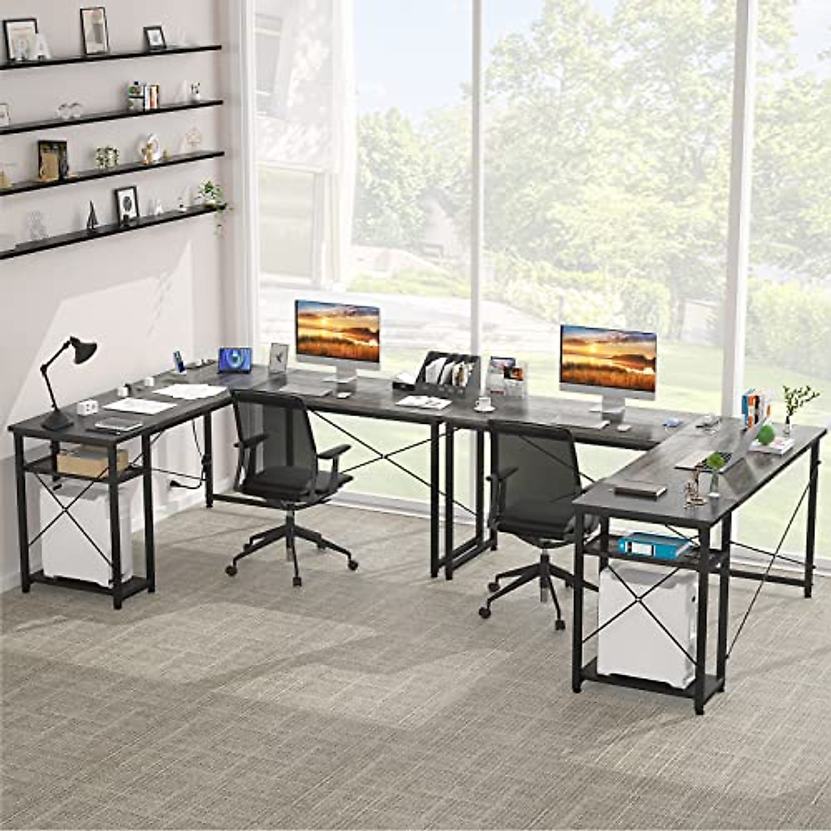 Ecoprsio L-Shaped Desk with Power Station and USB, Large L Shaped Gaming Desk with Storage Shelves Industrial Corner Desk Writing Study Table for Home Office Gaming Workstation, Oak and Black