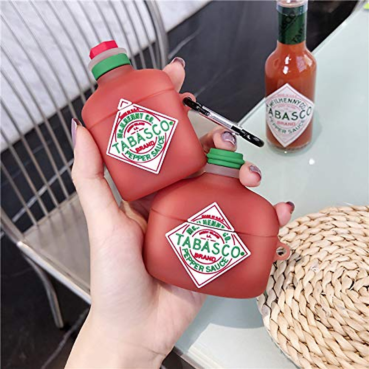 Ultra Thick Soft Silicone Case for Apple AirPods Pro 2019 with Keychain Hook Hot Pepper Sauce Red Bottle 3D Cartoon Food Shaped Cute Lovely Fun Funny Unique Creative Cool Kids Girls Women