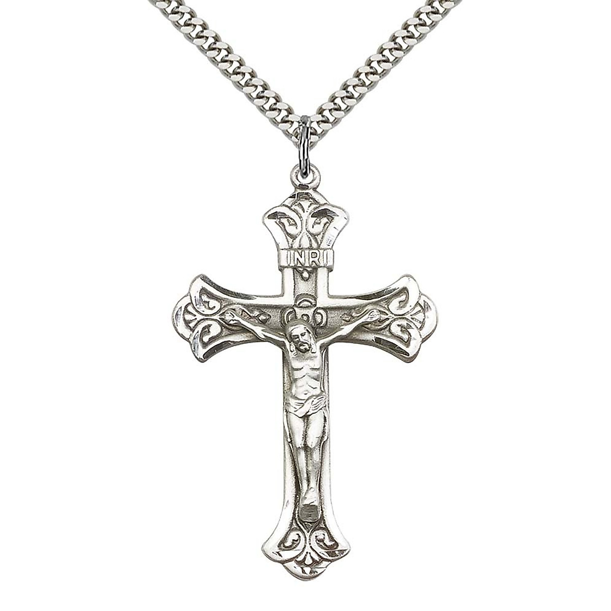 F A Dumont Sterling Silver Crucifix Pendant with 24" Stainless Steel Heavy Curb Chain.