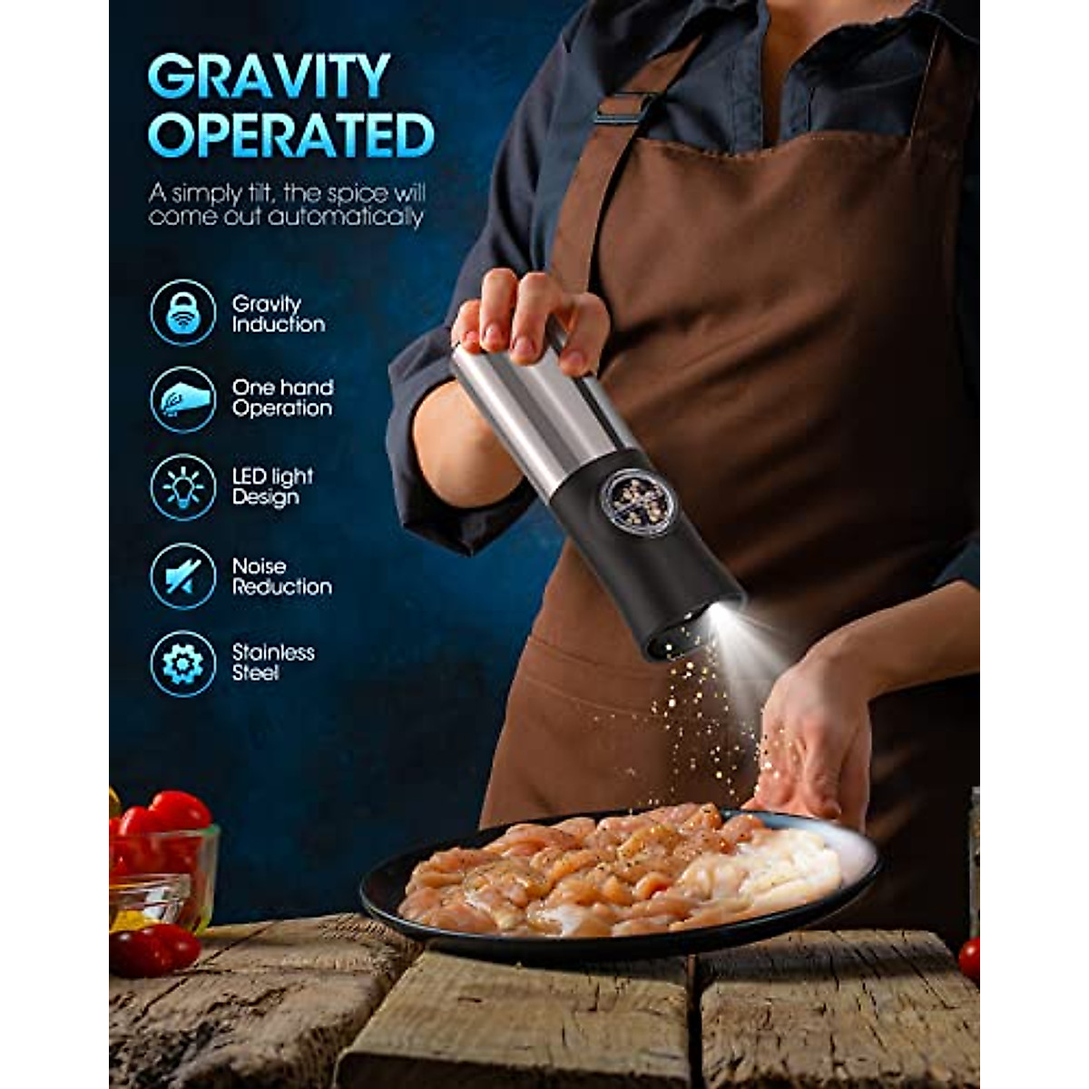 Gravity-Electric-Salt-and-Pepper-Grinder-Set - 𝐔𝐩𝐠𝐫𝐚𝐝𝐞𝐝 Large Capacity - USB Rechargeable Automatic Pepper Mill Grinder - Adjustable Coarseness - One Hand Operated - Stainless Steel, LED Light