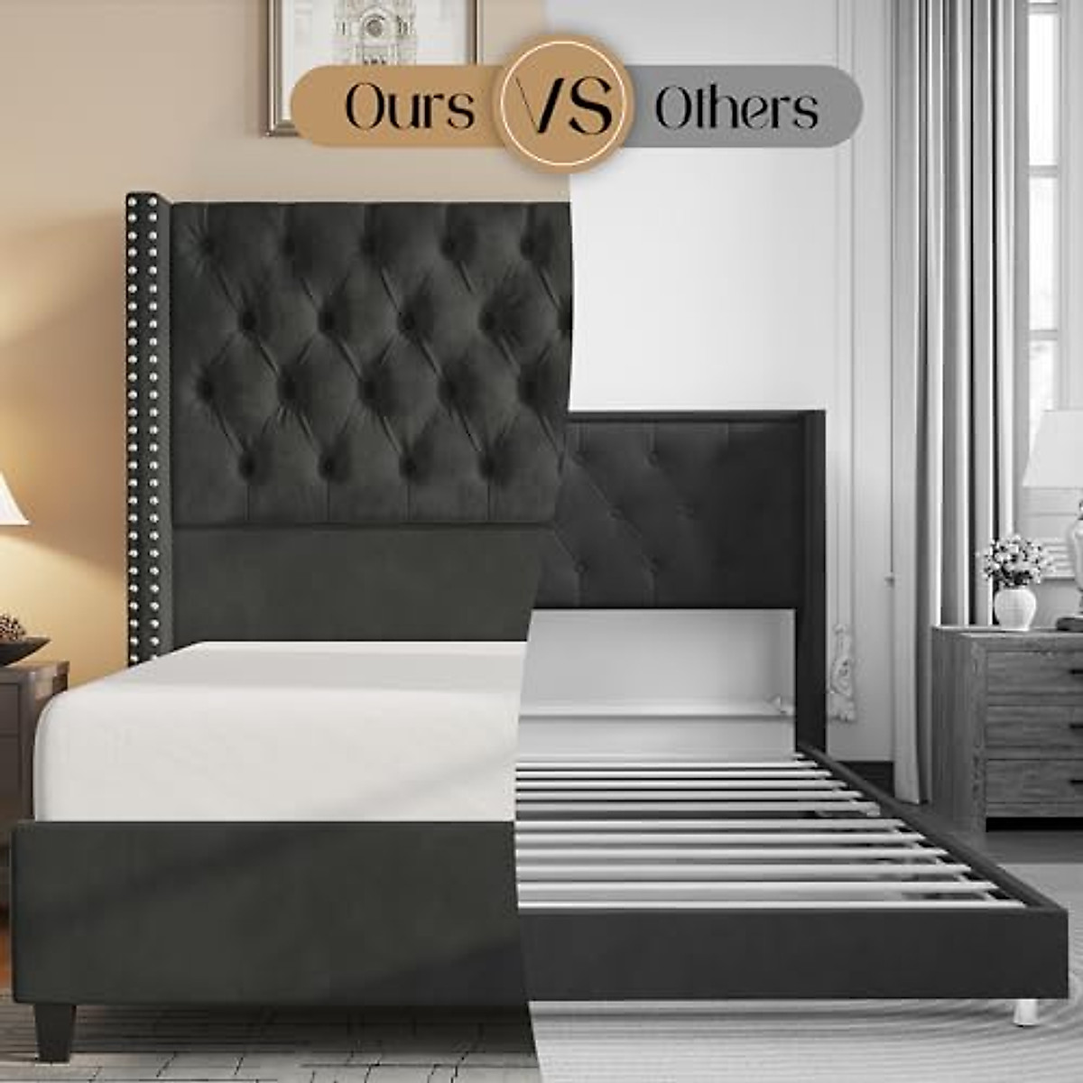 Jocisland King Upholstered Bed Frame with Tall Headboard Wingback Platform Bed Tufted Deep Button Velvet/No Box Spring Needed/Easy Assembly/Black