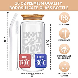 In My Cat Mom Cup Gifts for Cat Lover Cat Mom Gifts - 16 oz Cool Cat Mom Glass Coffee Cup with Straw and Lid - Unique Birthday Gift for Mothers Day Christmas for Cat Owners Cat Moms Gifts