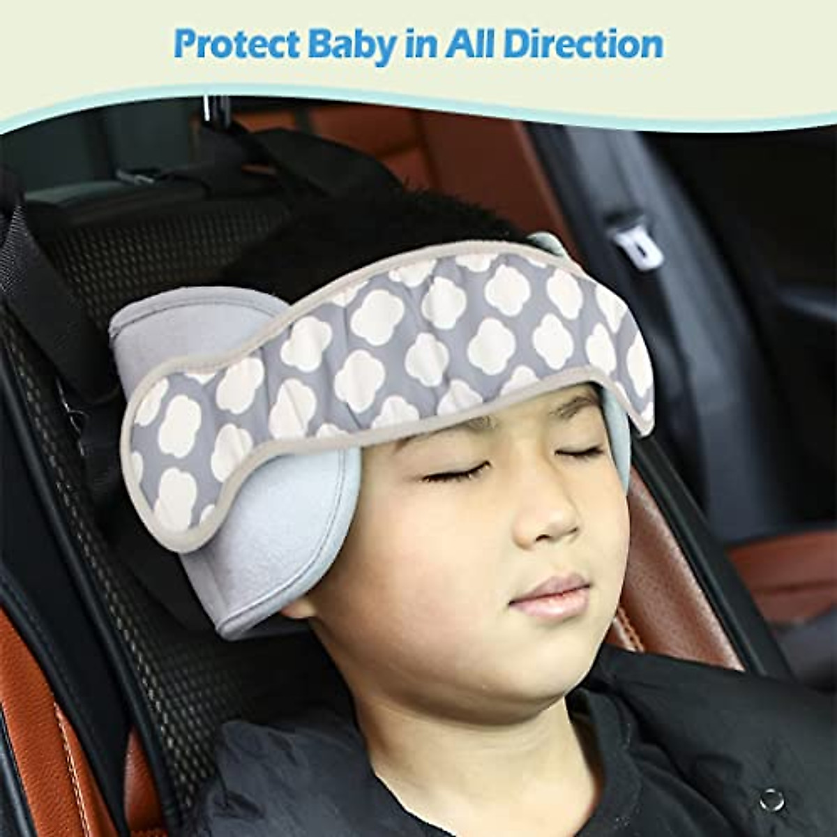 vocheer Baby Car Seat Head Support Band, Adjustable Carseat Sleep Nap Aid Holder Belt Head Protection Strap for Kids 1-5 Years Old Gray