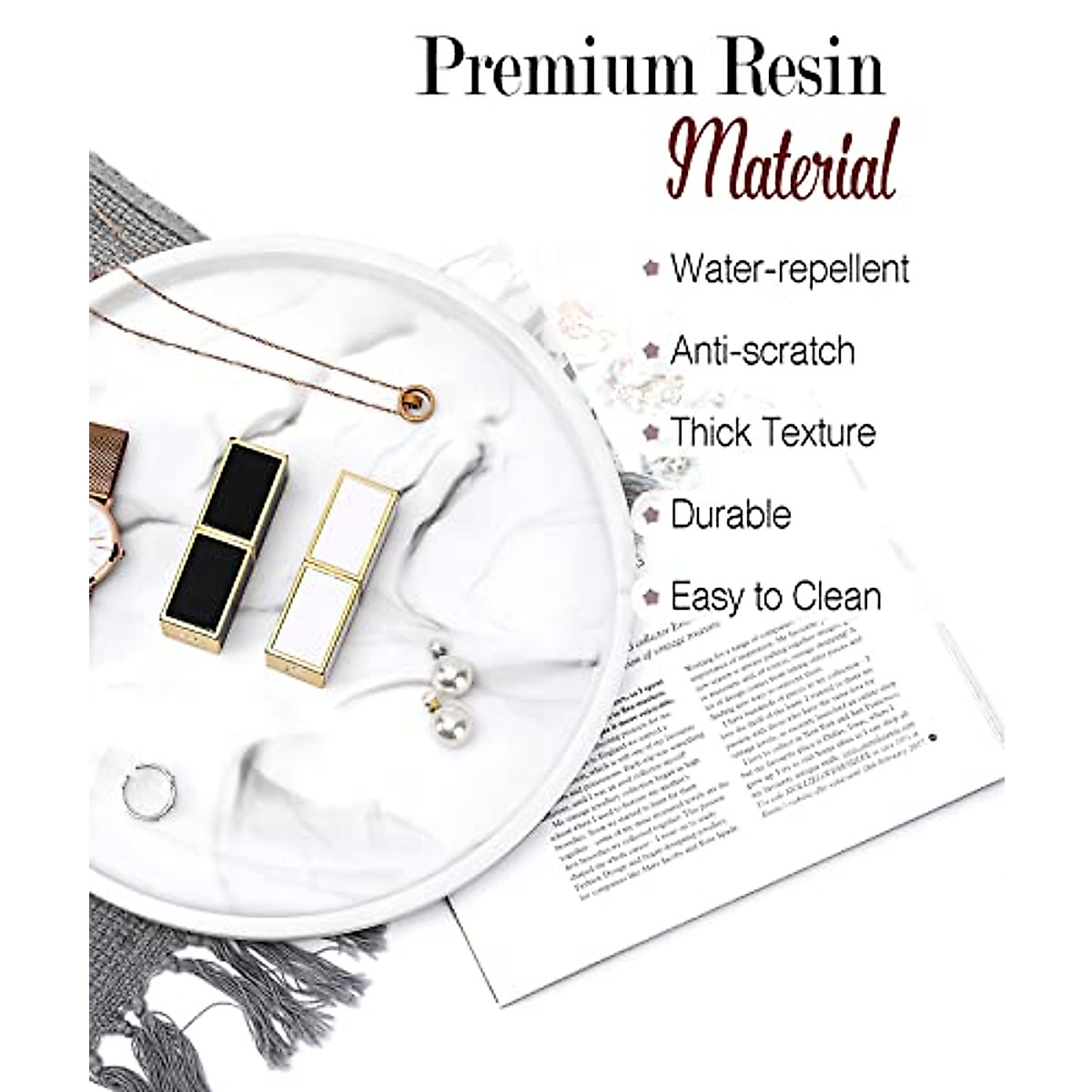 Shinowa Vanity Tray, Resin Bathroom Decorative Tray Catchall Organizer Jewelry Dish Tray for Bathroom Bedroom Counter-top Vanity Organization Vanity Table Jewelry Organizer, White Marble