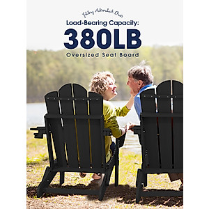 KINGYES Folding Adjustable Backrest Adirondack Chair with Cup Holder, Oversized Weather Resistance Adirondack Chair, HDPE Reclining Adirondack Chair for Adult, Black