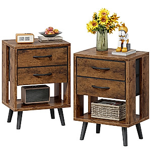 GYIIYUO Nightstands Set of 2 with 2 Fabric Storage Drawers and Open Wood Shelf, Side Table with Storage for Bedroom, Night Stand with Drawer for Bedroom, Bedside Tables - Rustic Brown