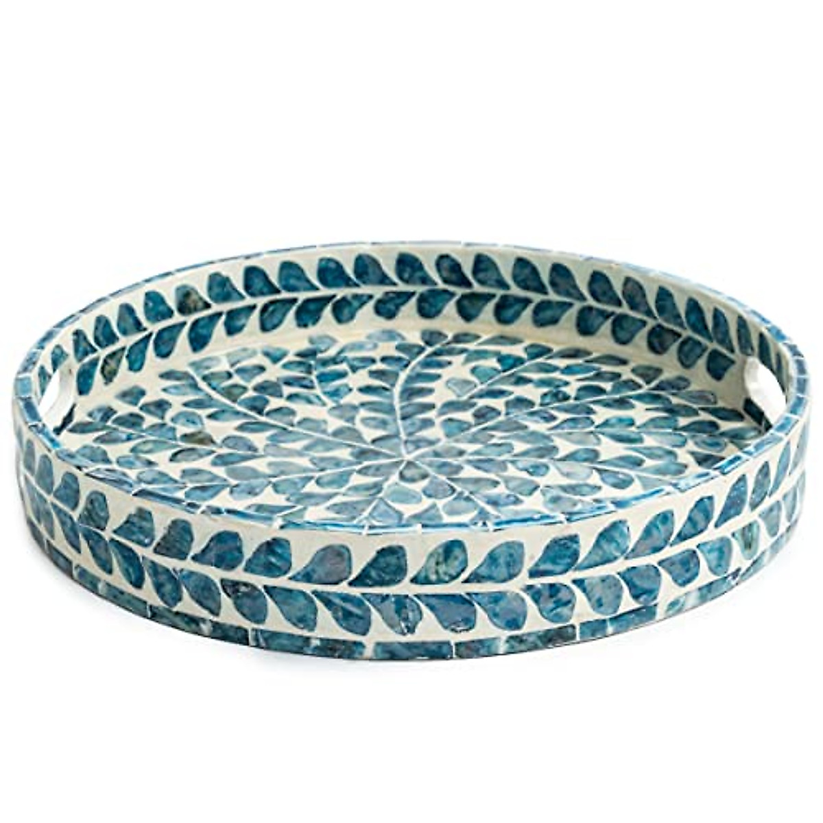 CLAYNIX Serving Tray 12.5 Inch, Lacquer Mother of Pearl Inlay Mosaic Tray, Round Wooden Marble Tray with Handles Trays for Tea, Breakfast (Leaf Style)