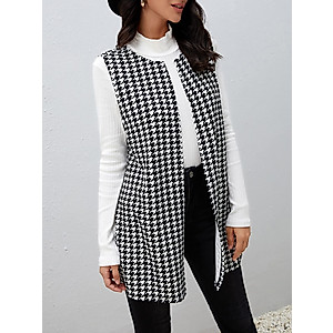 WDIRARA Women's Plaid Button Open Front Sleeveless Blazer Jacket Black Houndstooth L