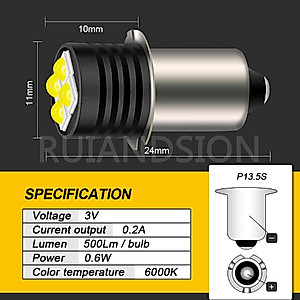 Ruiandsion P13.5S LED Flashlight Bulb 3V 3030 4SMD Chips LED Replacement Bulb for 2 Cells C&D Flashlights Torch Work Light (Pack of 1)