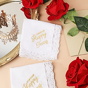 6 Pcs Embroidered Wedding Handkerchiefs Happy Tears Wedding Handkerchiefs with Scallop Lace Mother of the Bride Gifts Lace Handkerchiefs for Wedding Day Bride Gifts